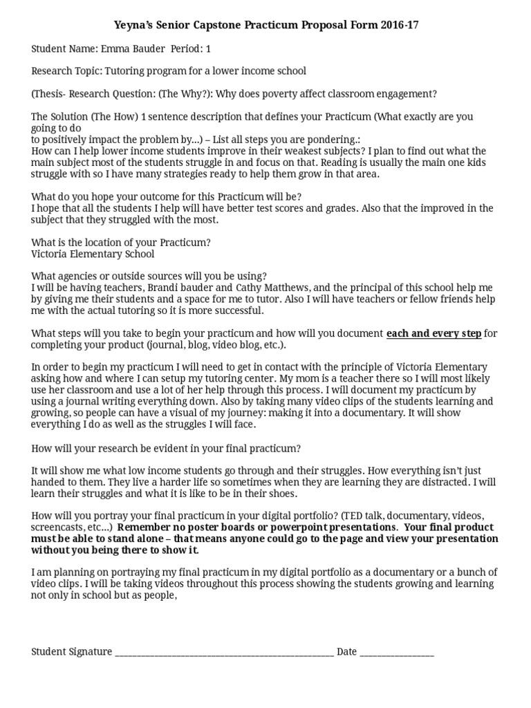 Yeyna's Senior Capstone Practicum Proposal Form 2016-17 | PDF ...
