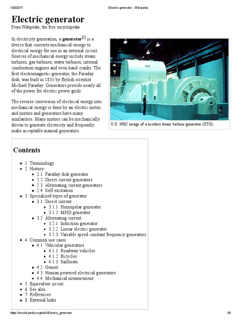Electric Generator: From Wikipedia, The Free Encyclopedia | PDF