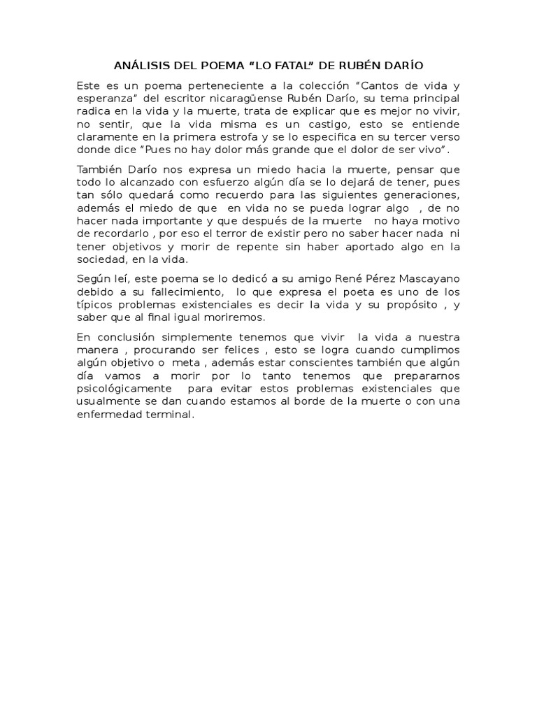 Análisis Del Poema Lo Fatal de Rubén Darío | PDF