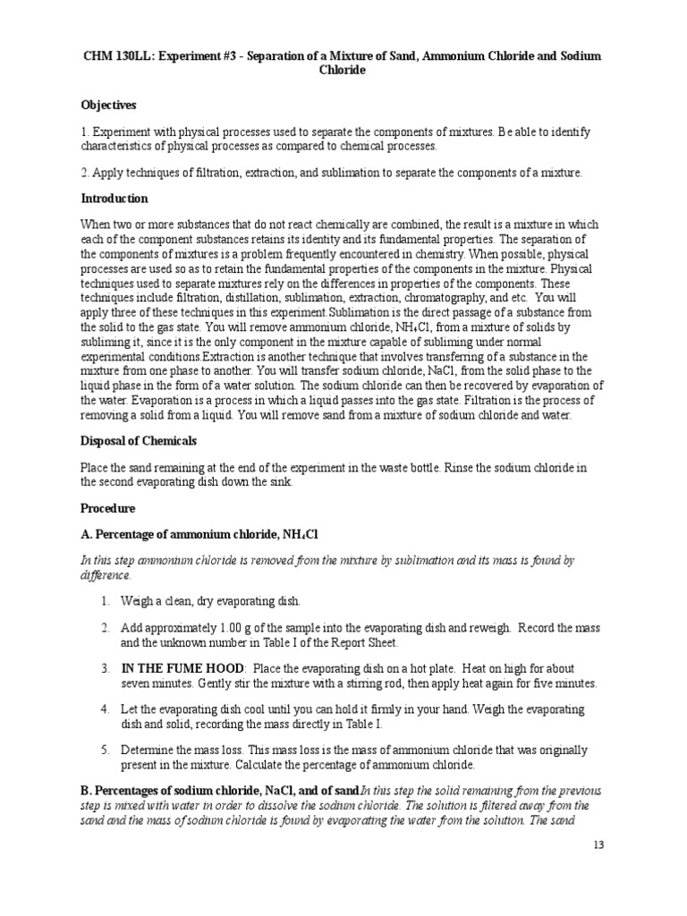Separation of a Mixture of Sand, Ammonium Chloride and Sodium Chloride ...