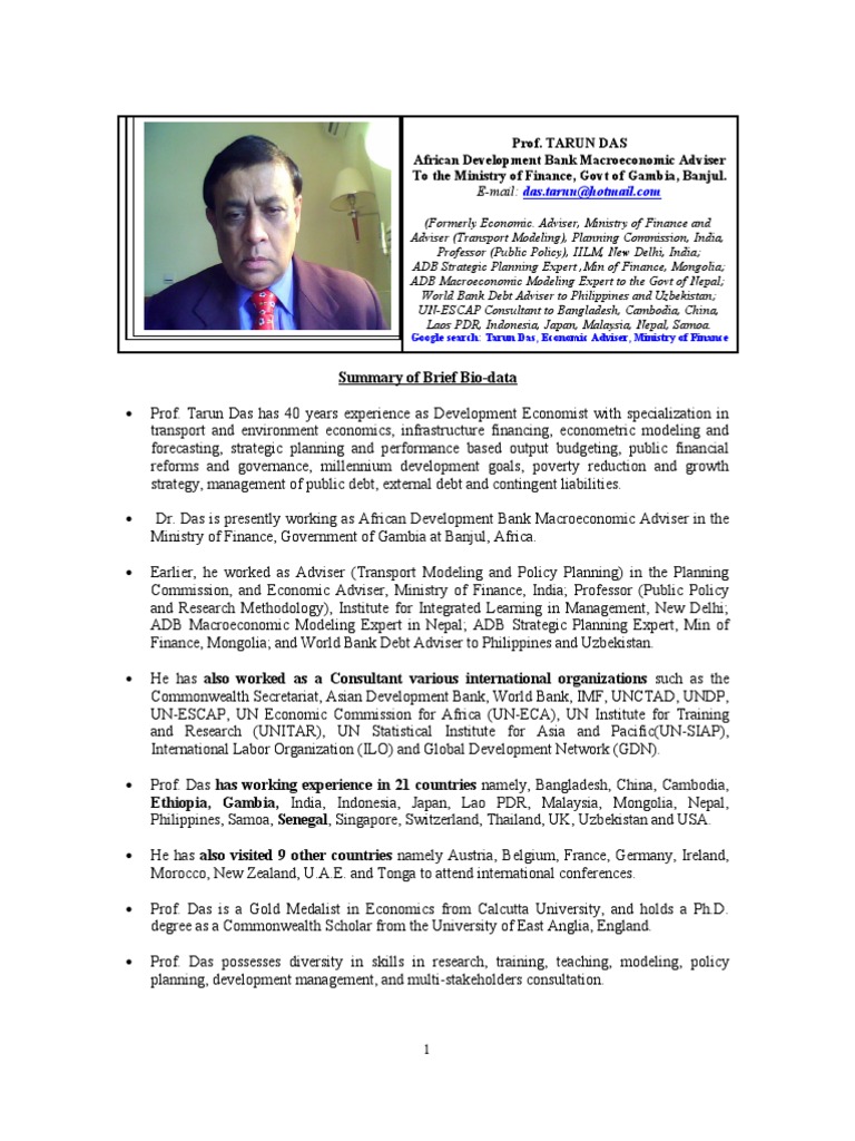 Tarun Das CV For Transport Economist | PDF | World Bank | Development Economics