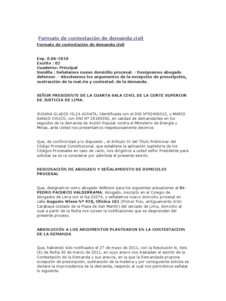 Formato de Contestación de Demanda Civil | Posesión (Derecho) | Demanda ...