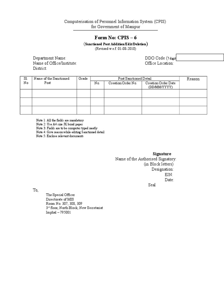 Form No: CPIS - 6) : (Revised W.E.F. 01-08-2010) | PDF