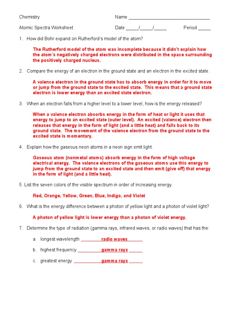 Atomic Spectra Worksheet Answer Key 05-06 | PDF | Electromagnetic Radiation | Light