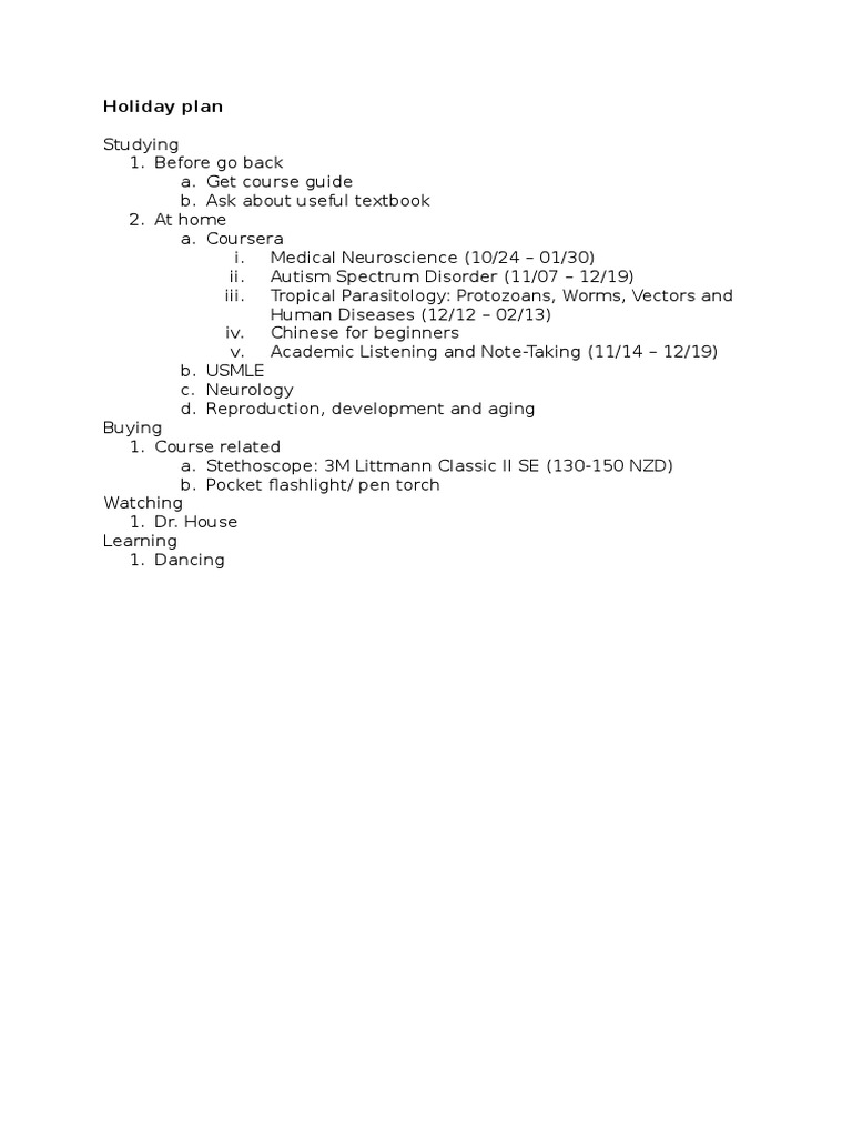 Holiday Study Plan Overview | PDF | Self-Improvement | Wellness
