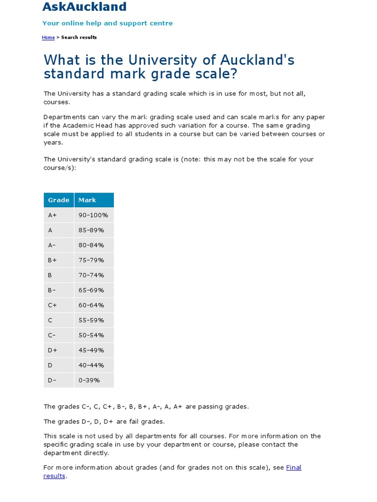 What Is The University of Auckland's Standard Mark Grade Scale? | PDF