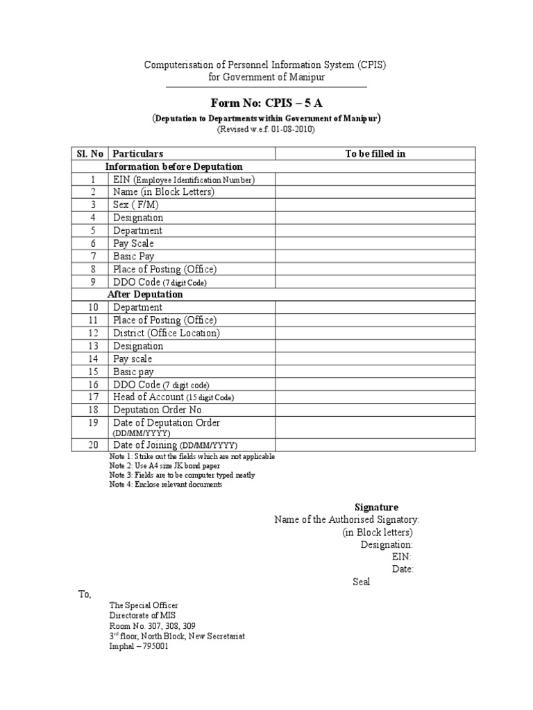 Form No: CPIS - 5 A) : Sl. No Particulars To Be Filled in | PDF