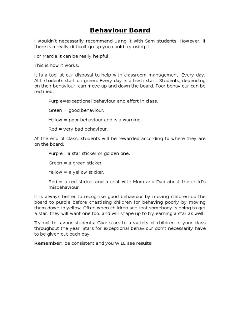 Behaviour Board: Remember: Be Consistent and You WILL See Results! | PDF