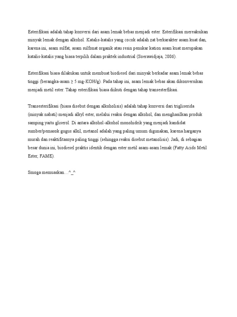 Perbedaan Antara Esterifikasi Dengan Transesterifikasi | PDF