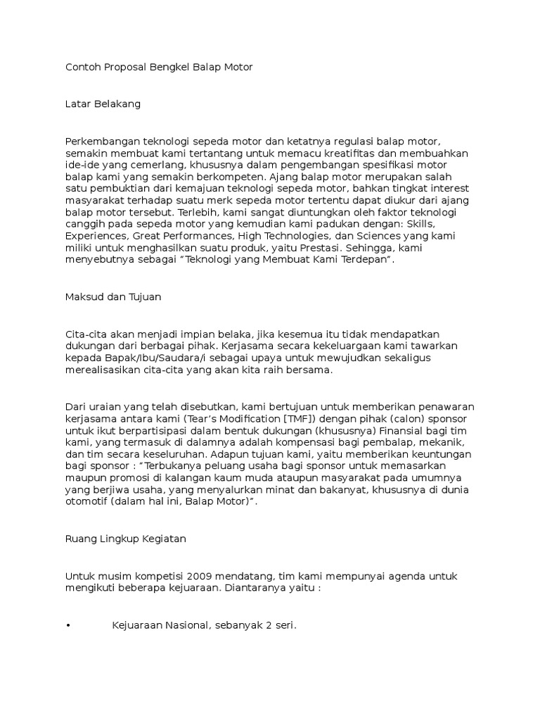 Contoh Proposal Bengkel Balap Motor | PDF