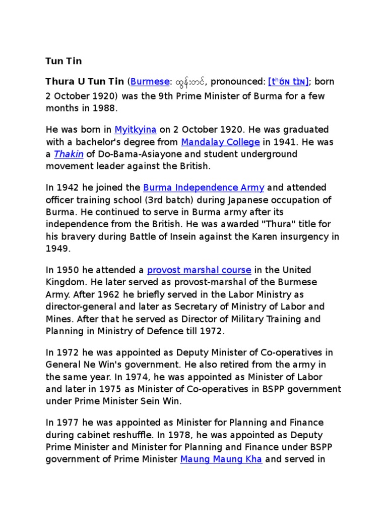 Tun Tin Thura U Tun Tin (: Burmese (T ʰʊʊɴ T Ɪɪɴ) | PDF