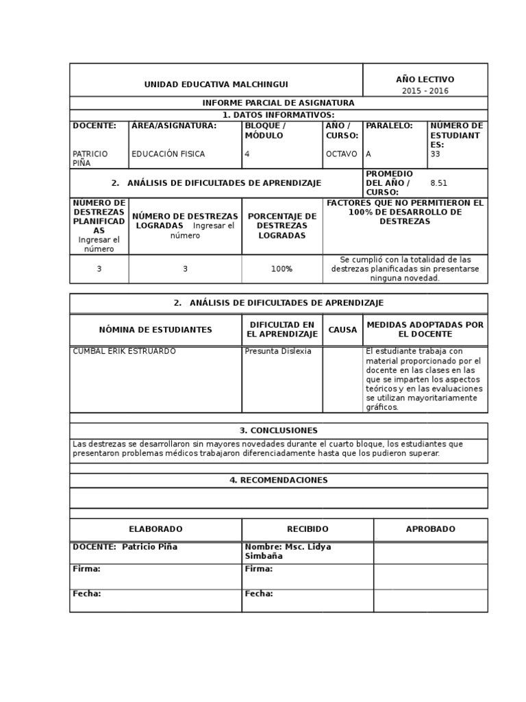 6 Informe Parcial de Asignatura | PDF | Maestros | Aprendizaje