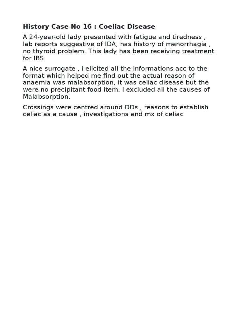Case No 16: Diagnosing Coeliac Disease in a Lady with Fatigue and IDA | PDF