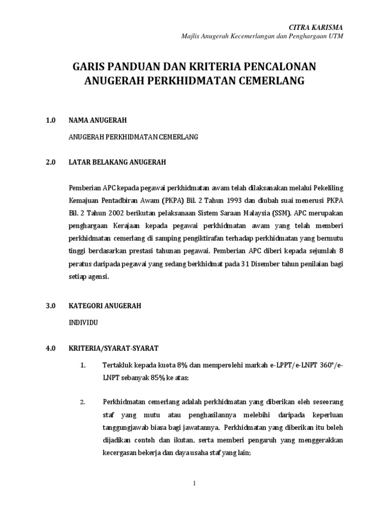 Apc Garis Panduan Dan Kriteria Pencalonan Anugerah 1 | PDF