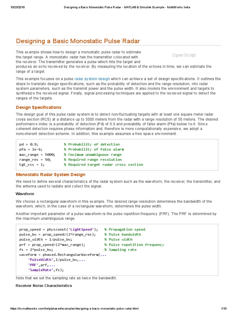 Designing A Basic Monostatic Pulse Radar - MATLAB & Simulink Example - MathWorks India | PDF ...
