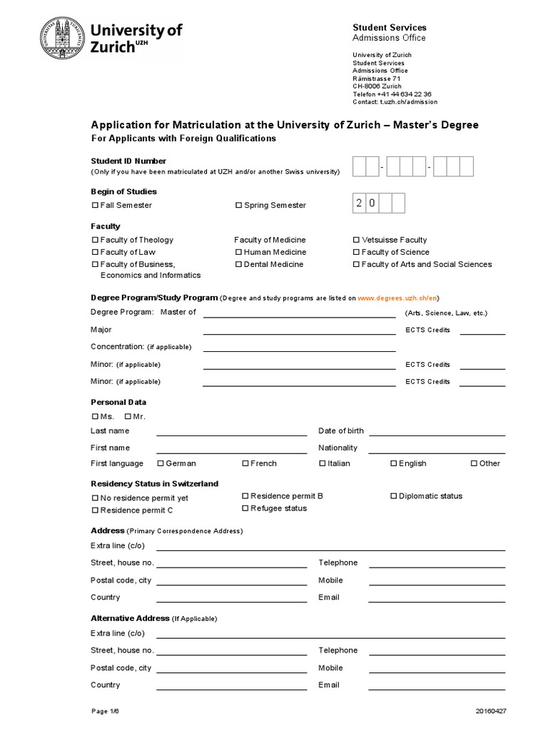 UZH Master's Matriculation Application Form | PDF | Academic Degree ...
