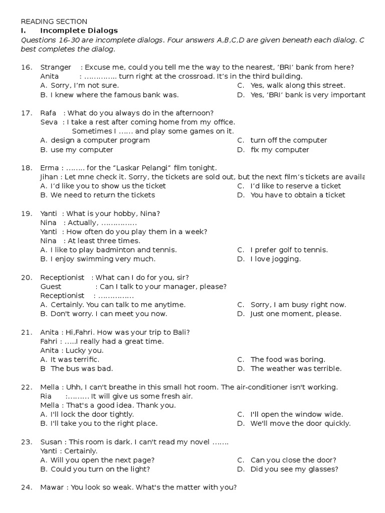 Questions 16-30 Are Incomplete Dialogs. Four Answers A, B, C, D Are ...