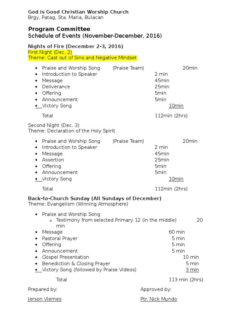 Schedule of Events (November-December, 2016) : Program Committee | PDF ...