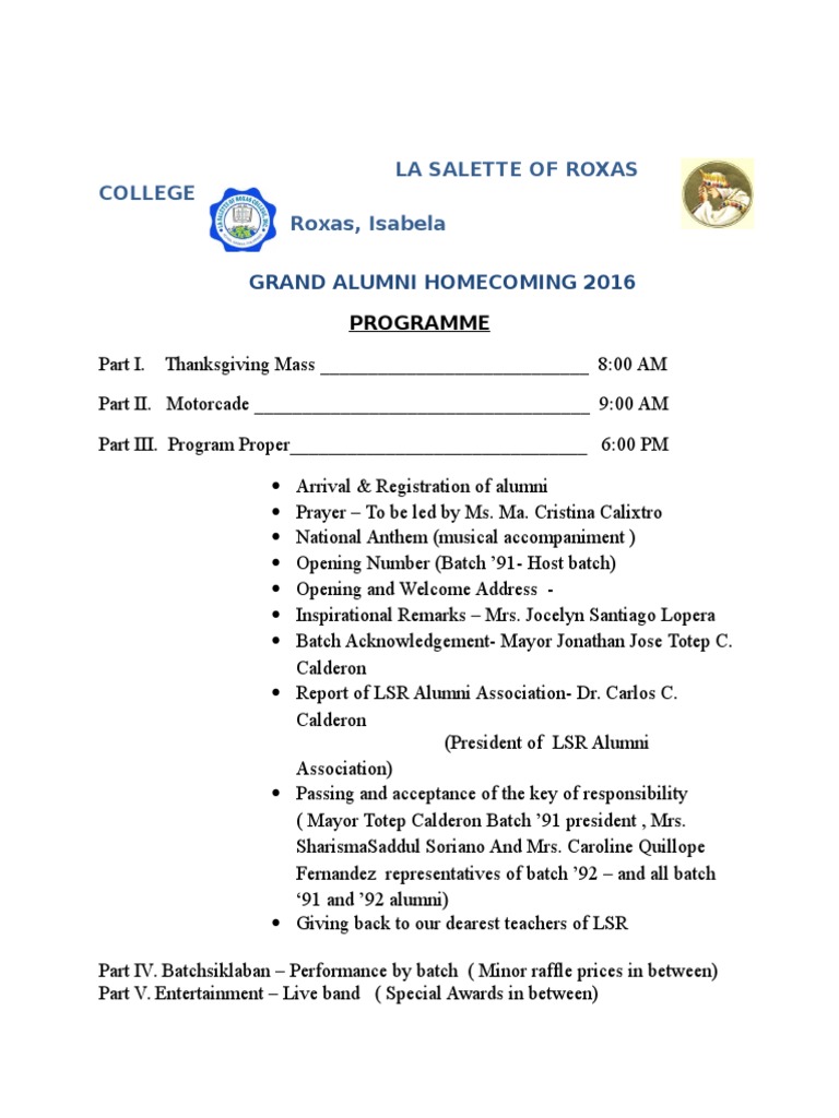 Sample Alumni Homecoming Program