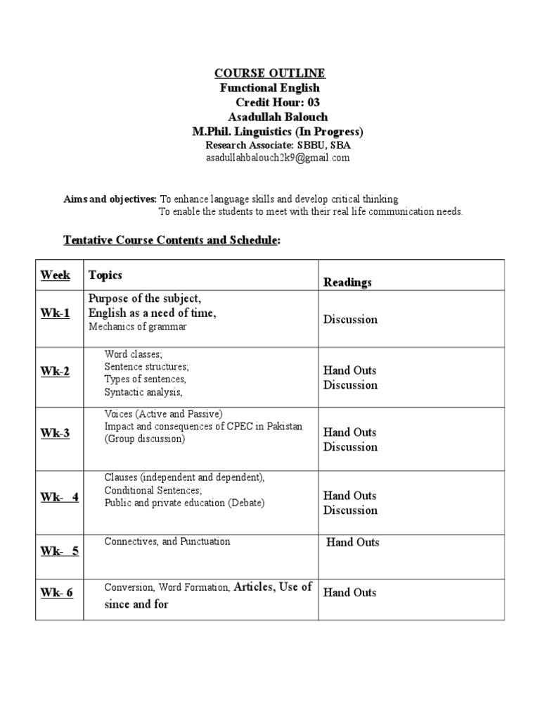 Functional English Course Outline | PDF | English Language | Sentence (Linguistics)