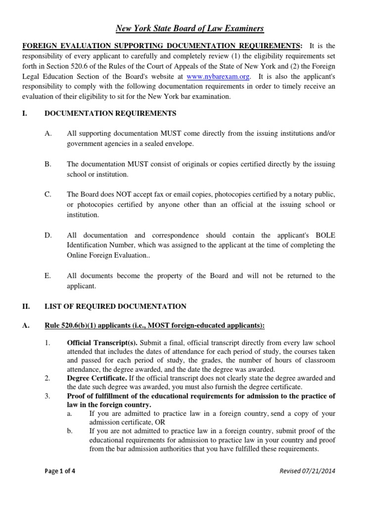 NY Bar Foreign Evaluation Requirements | PDF | Legal Education | Law School