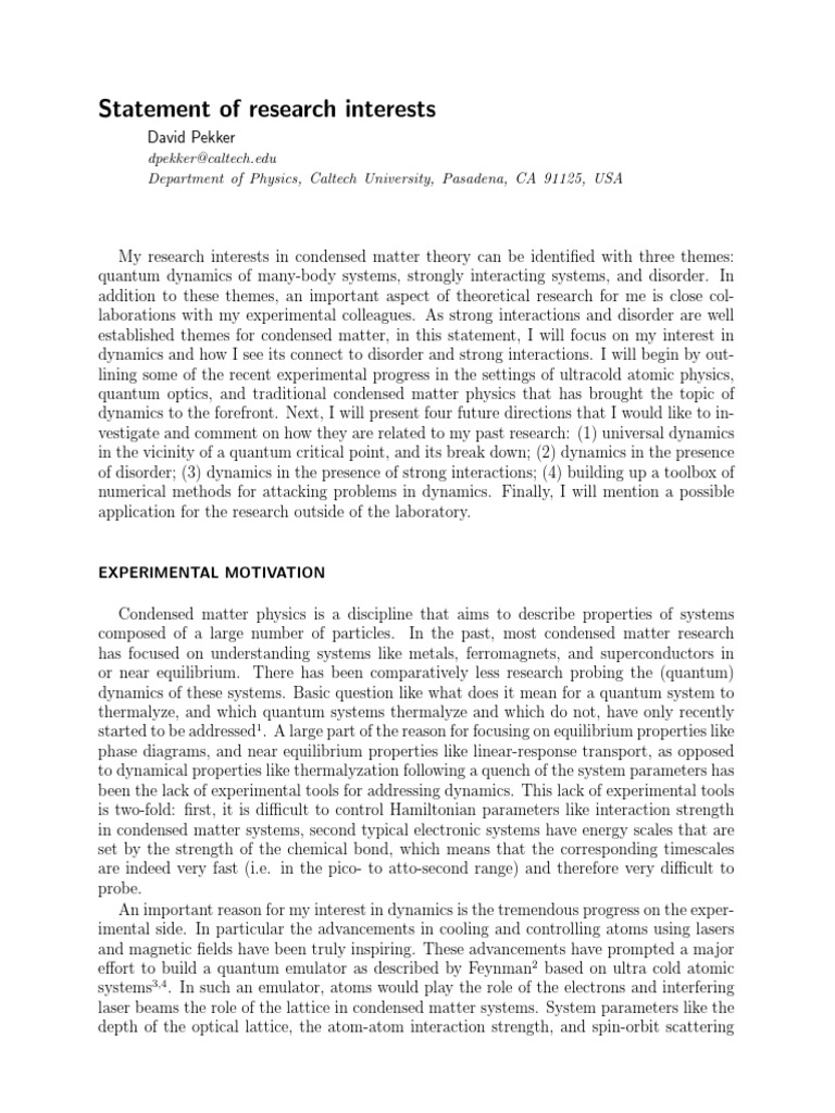 Statement of Research Interests-Example 3 | PDF | Phase Transition ...