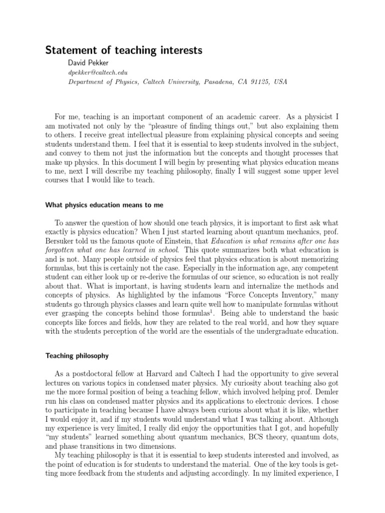 Statement of Teaching Interests-Example | PDF | Superconductivity ...