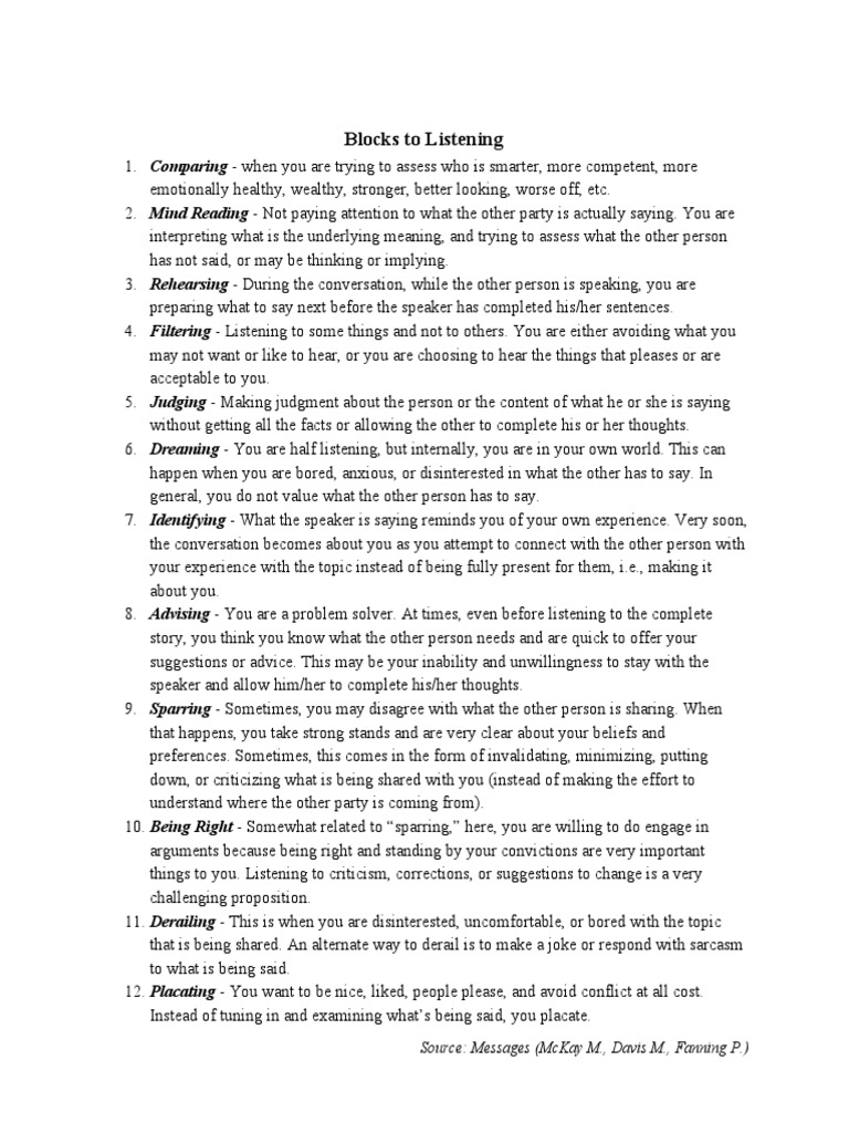 Blocks To Listening: Source: Messages (Mckay M., Davis M., Fanning P ...