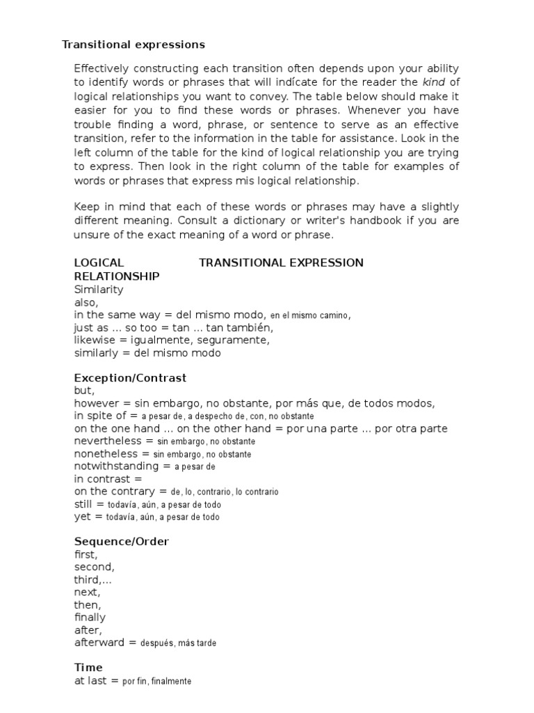 Essential Transitional Expressions Guide | PDF | Phrase | Semantics
