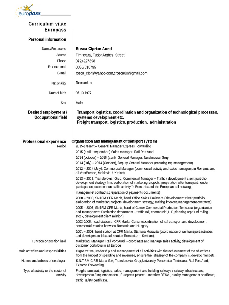 CV English Ciprian Rosca | PDF | Rail Transport | Competence (Human ...
