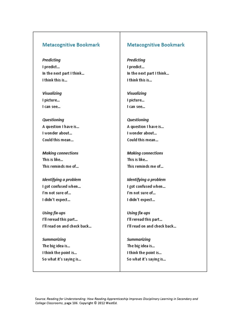 Metacognitive Bookmark - Reading Strategies and Sentence Stems | PDF