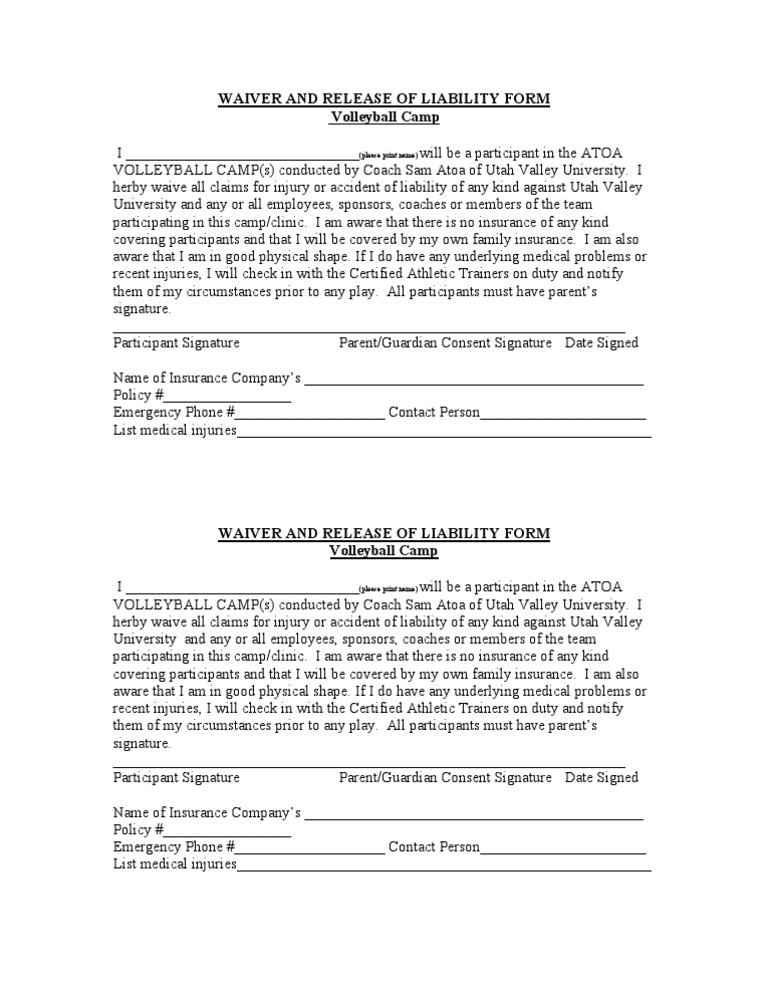 Waiver and Release of Liability Form Volleyball Camp: (Please Print ...
