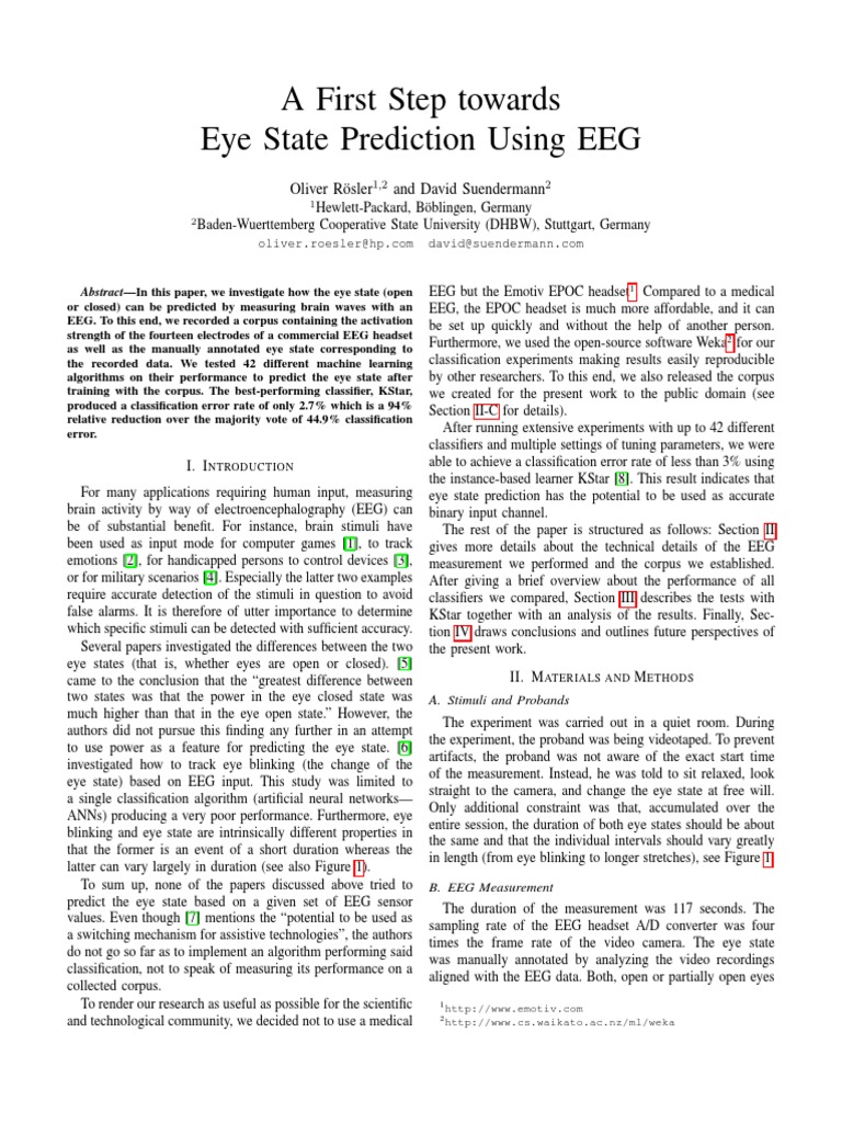 A First Step Towards Eye State Prediction Using EEG: Oliver R Osler and David Suendermann | PDF ...