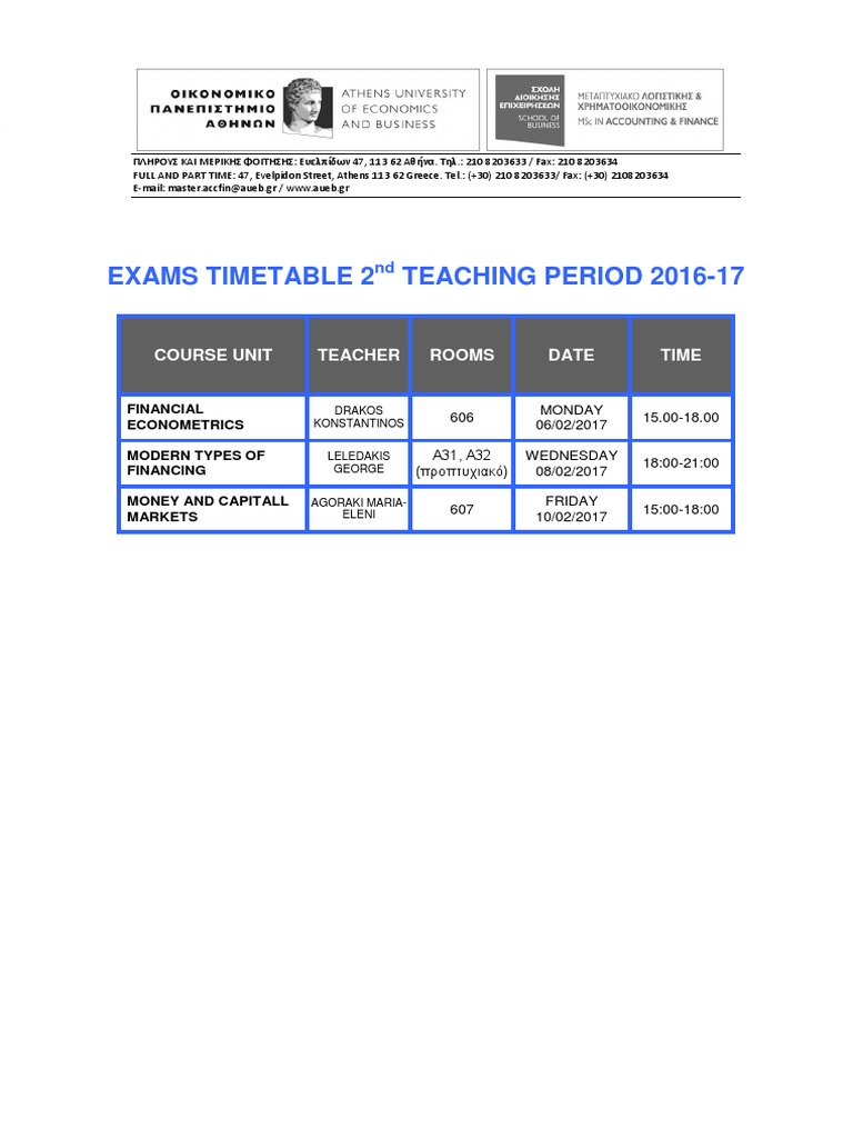 Exams Timetable 2 Teaching Period 2016-17: Course Unit Teacher Rooms ...