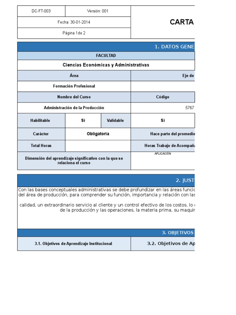 Formato Carta Descriptiva Adm Producción | Descargar gratis PDF | Toma ...