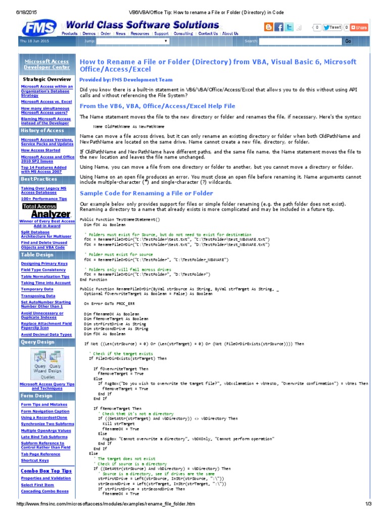 VB6 - VBA - Office Tip - How To Rename A File or Folder (Directory) in ...