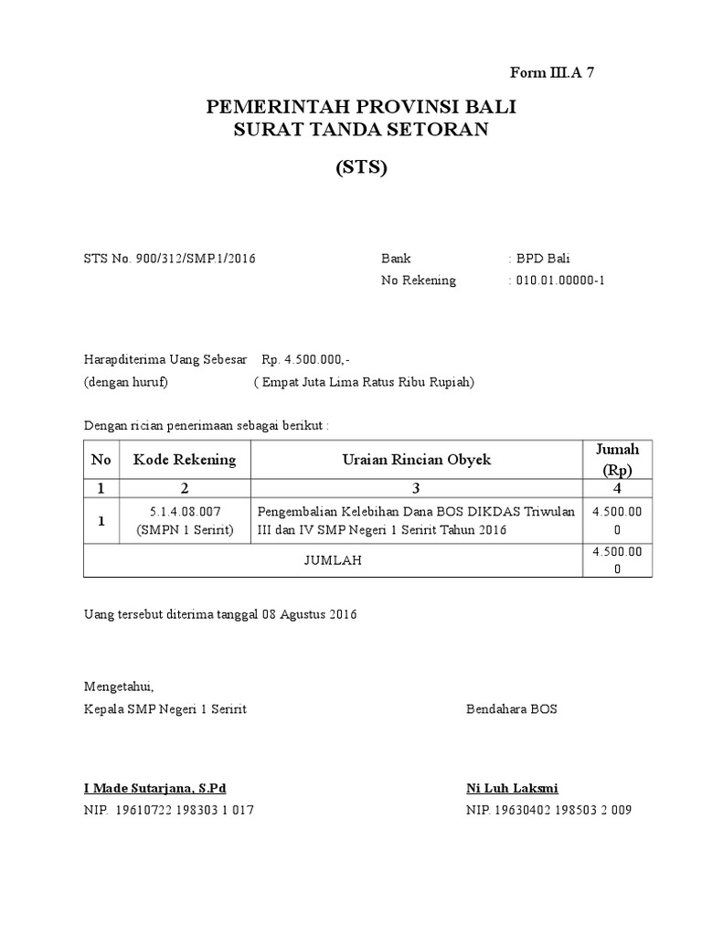 (Surat Tanda Setoran) Pengembalian Dana Bos TW 3 Dan 4 | PDF