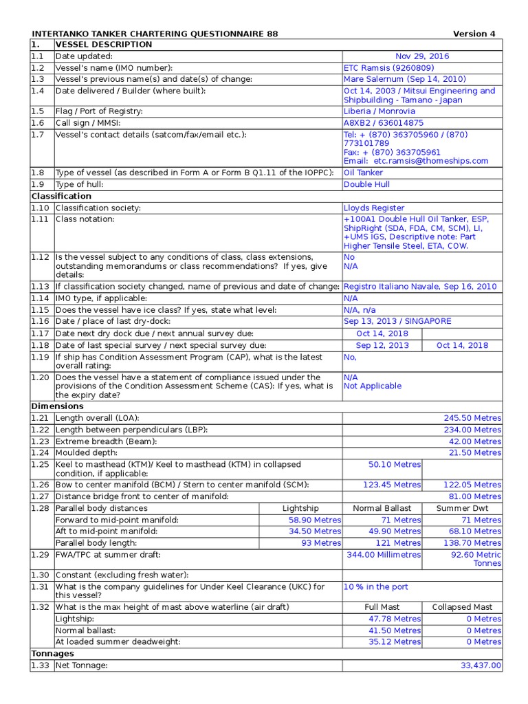 INTERTANKO TANKER CHARTERING QUESTIONNAIRE 88 | PDF | Tonnage | Marine ...