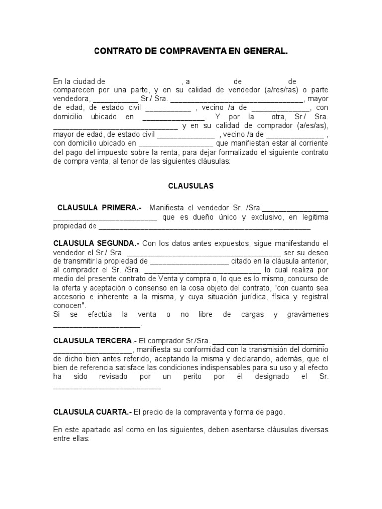 Contrato De Compraventa En General Pagos Propiedad