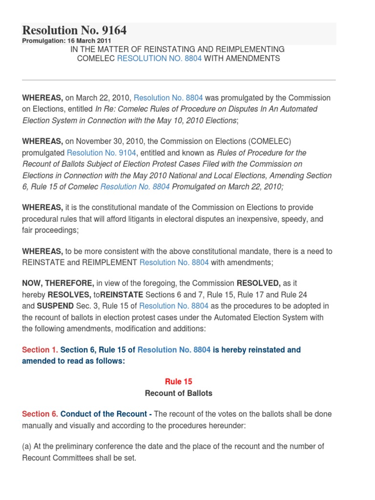 Comelec Resolution No 9164 | PDF | Election Recount | Constitutional ...