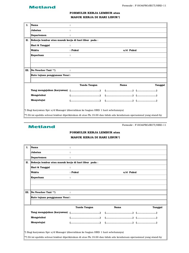 F HOPROJECT HRD 11 Form Kerja Lembur Atau Masuk Kerja Di Hari Libur | PDF