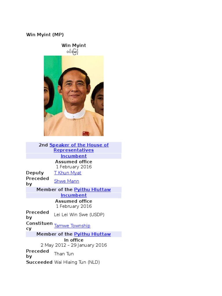 Win Myint (MP) Win Myint: Speaker of The House of Representatives ...