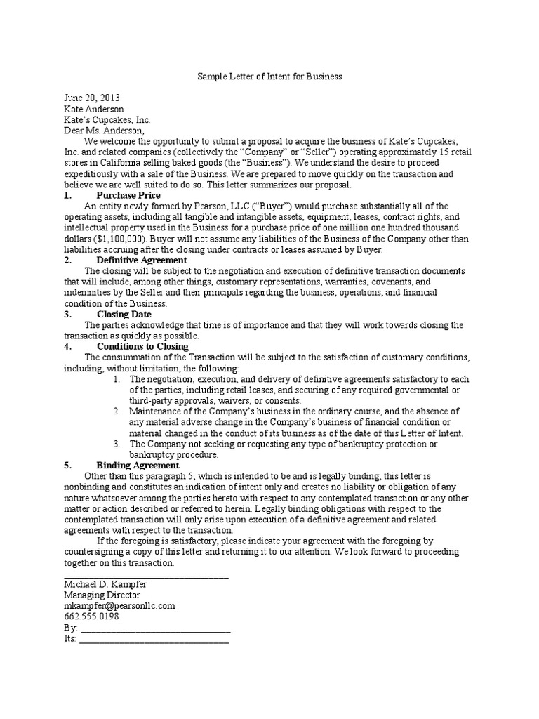 Sample Letter of Intent For Business | PDF | Financial Transaction | Sales