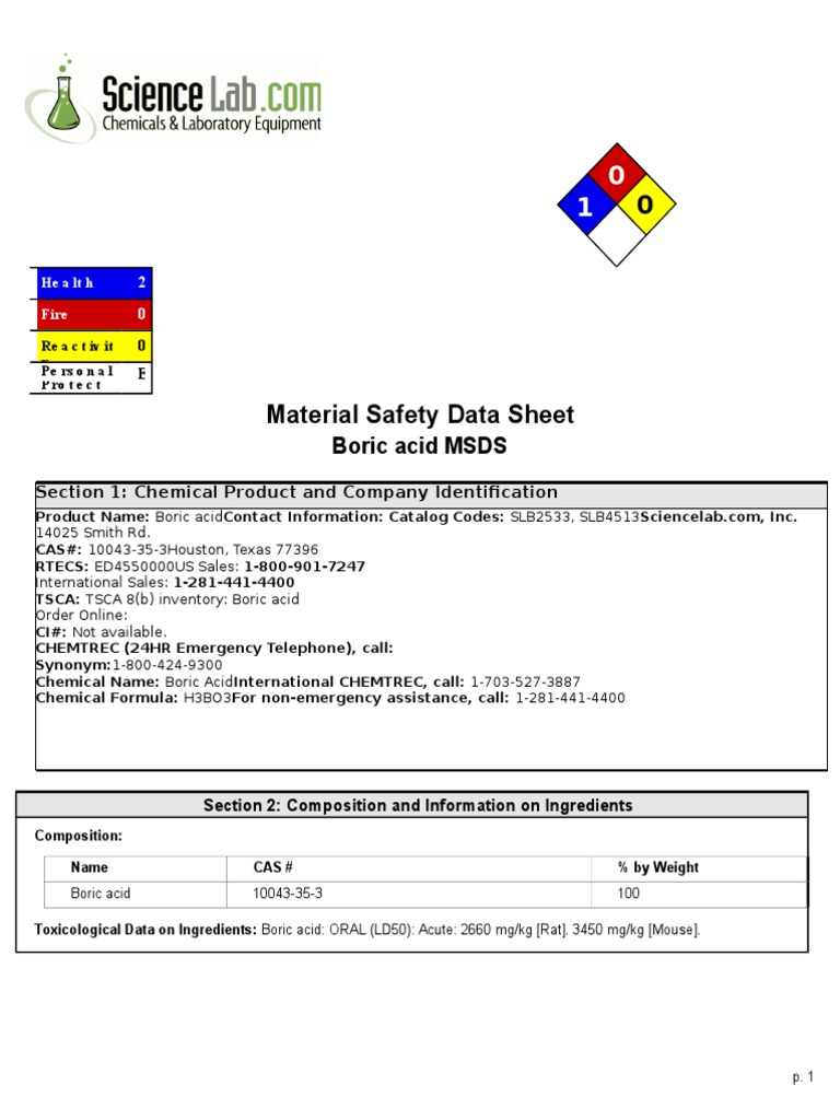 Boric Acid MSDS: Safety & Handling Guide | PDF | Toxicity | Ethanol