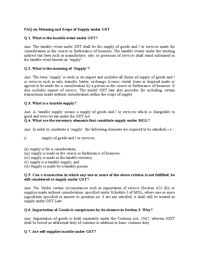 FAQ On Meaning and Scope of Supply Under GST | PDF | Capital Gains Tax ...