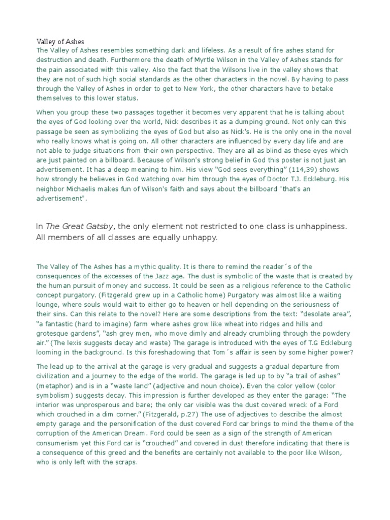 Valley of Ashes Description | Download Free PDF | The Great Gatsby | God