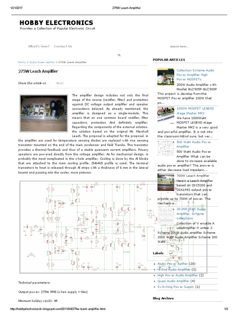 275W Leach Amplifier | PDF | Amplifier | Rectifier
