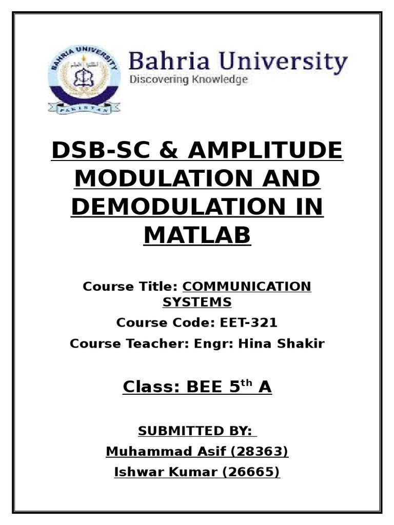 DSB-SC & Amplitude Modulation and Demodulation in Matlab: Class: BEE 5 ...