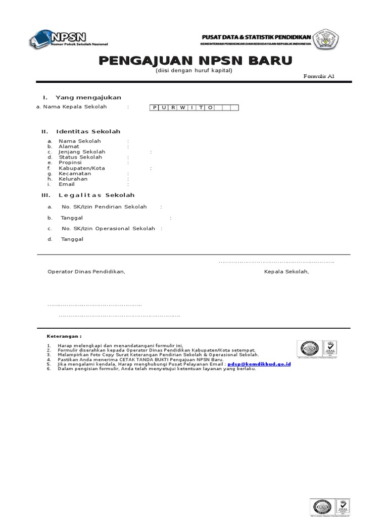 Form Pengajuan NPSN Baru | PDF