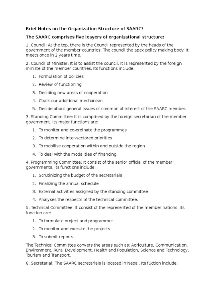 Brief Notes On The Organization Structure of SAARC | PDF